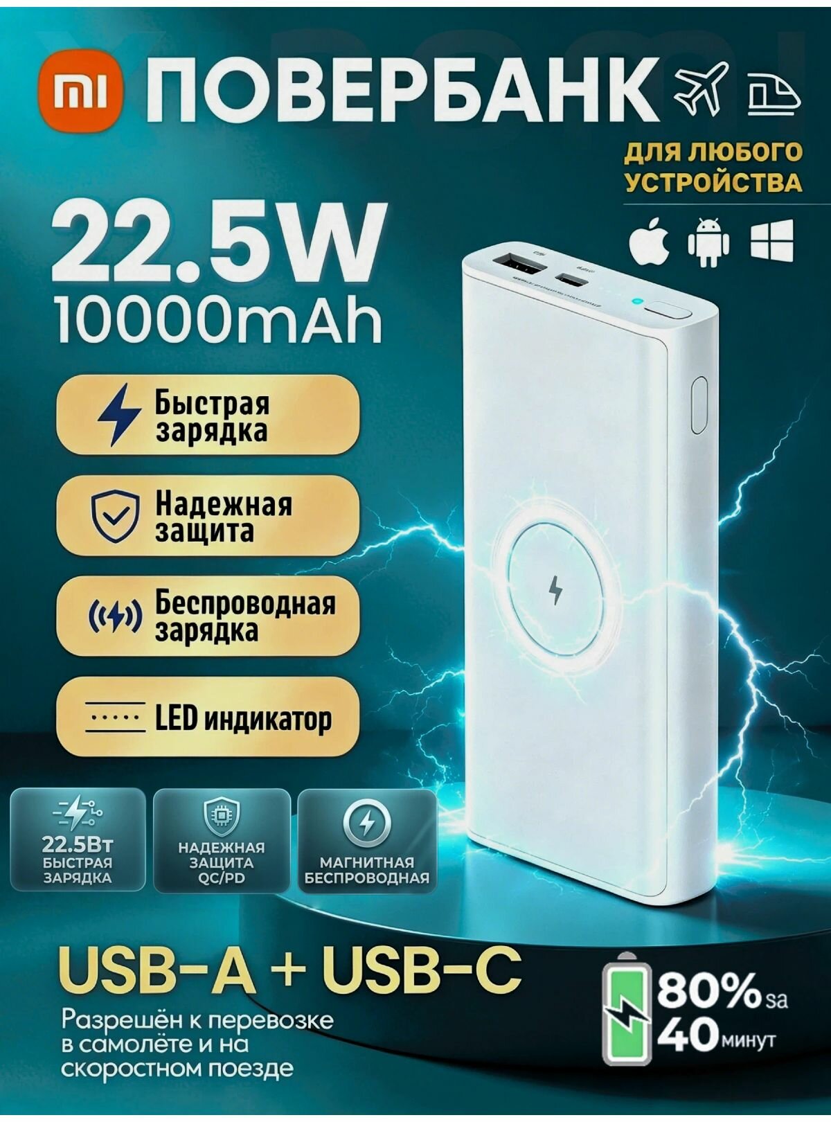 Mi Wireless внешний аккумулятор 10000 мАч, Power Bank, беспроводная зарядка 10W, быстрая зарядка Quick Charge, мощность 22,5W