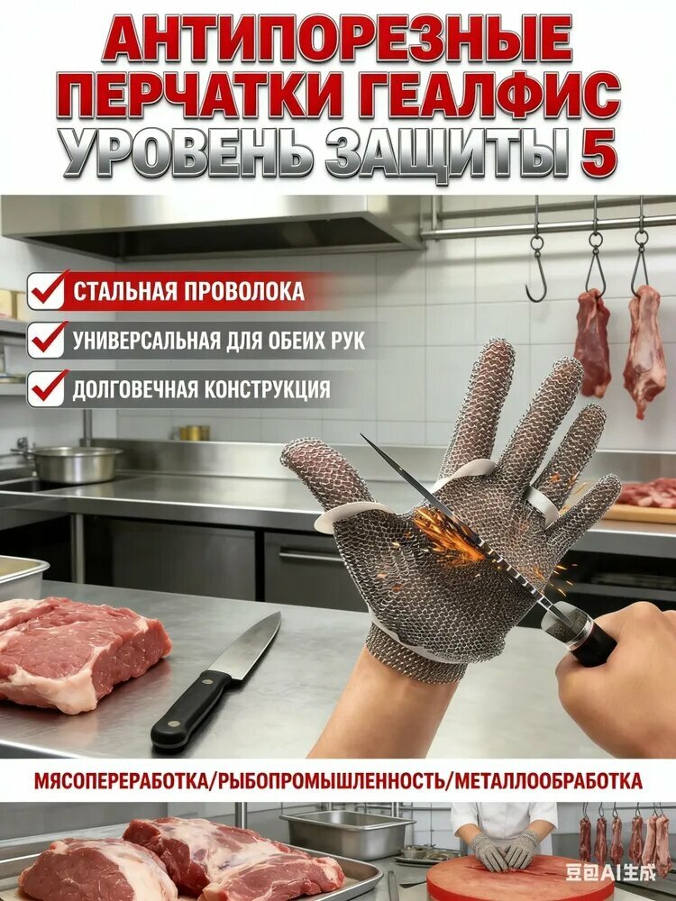 Антипорезные защитные перчатки кольчуга GEALFIS из нержавеющей стали уровень защиты 5 для разделки мяса и резки стекла