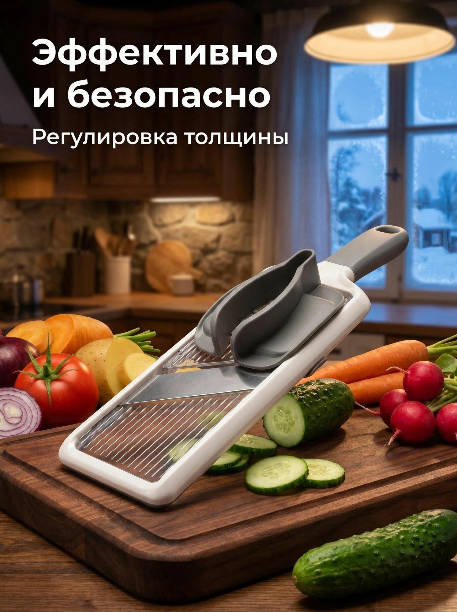 Овощерезка-мандолина ручная , регулируемая толщина нарезки 1 3 мм, лезвие из нержавеющей стали, держатель для пальцев, нескользящие упоры, для кухни и дома