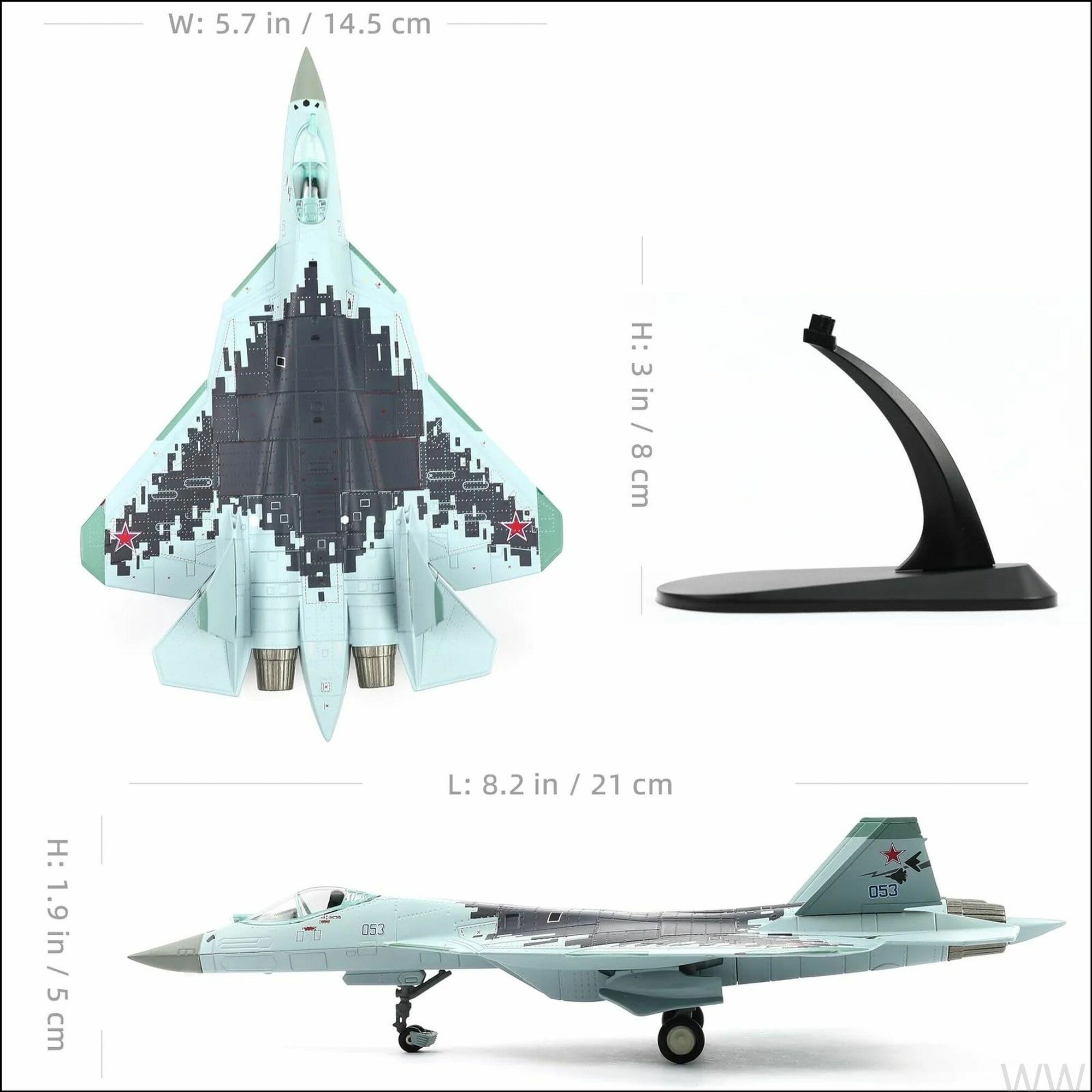 Модель самолета Су-57 в масштабе 1/72 подойдет для подарков, личных коллекций и просто любителей.