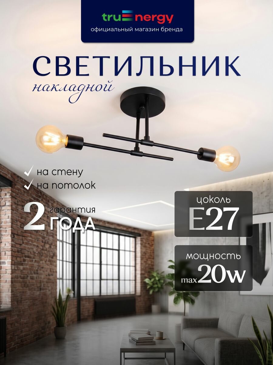 Светильник настенный накладной / Люстра потолочная под 2 лампы E27 / Черный truEnergy