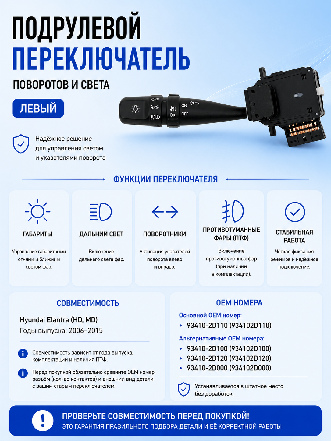 Подрулевой переключатель света и поворотов Hyundai Elantra, левый, ПТФ,93410-2D110