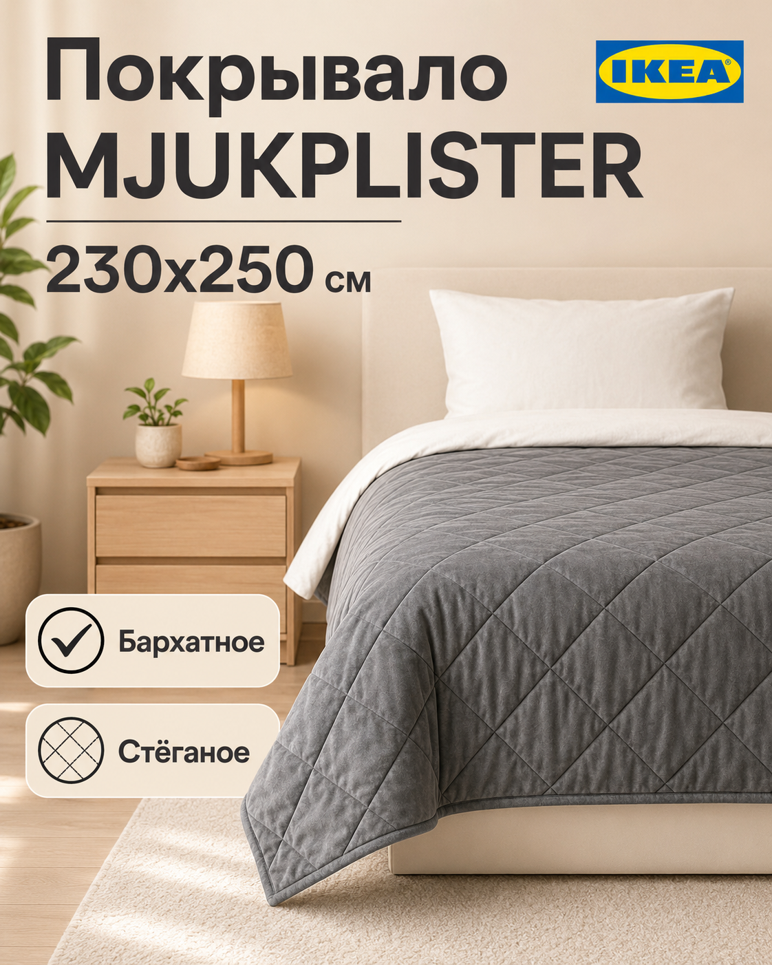 Покрывало IKEA "Мьюкплистер", стеганое, бархатное, 230x250см, серое