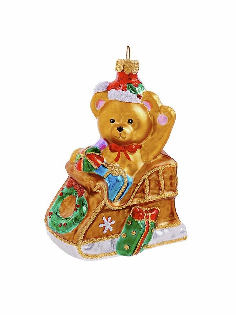 Игрушка на елку Медвежонок на санках с подарками 11.5см