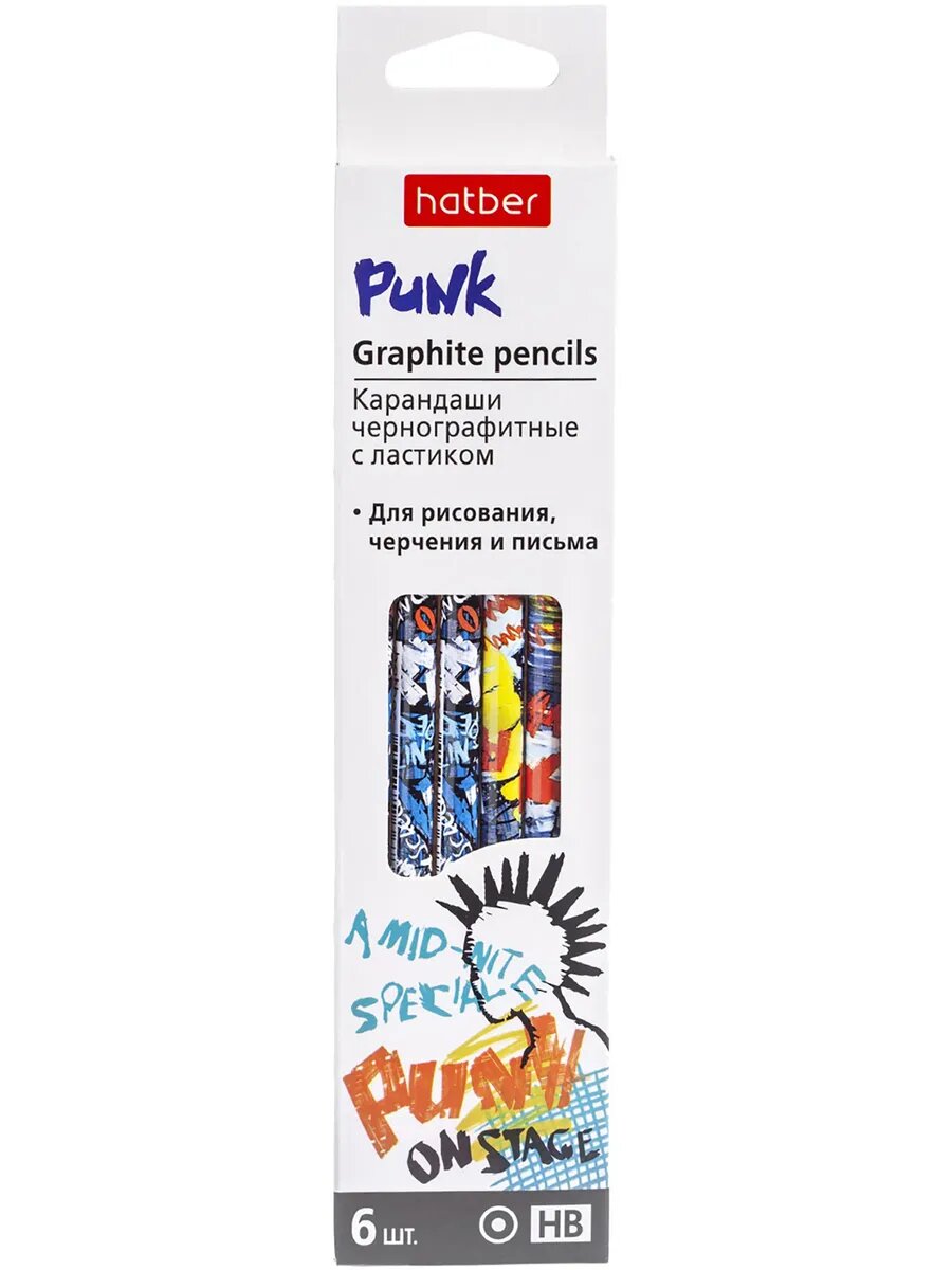 Карандаши чернографитные Punk, 6 штук, HB, с ластиком
