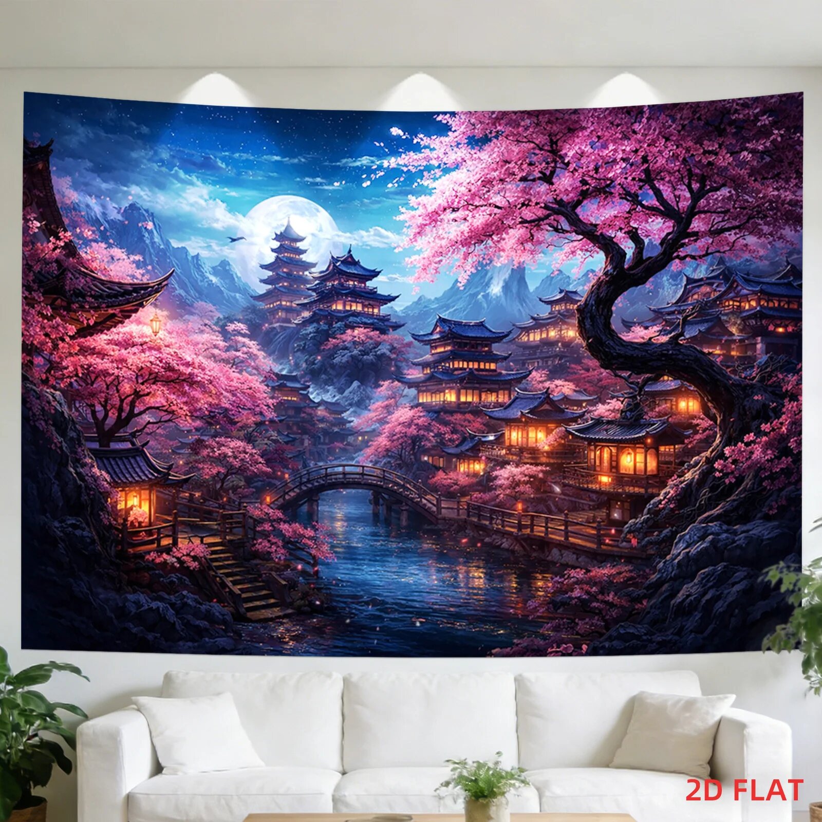 Гобелен "Японский храм с цветами сакуры и полной луной", 180x280 см 150x200cm59x79in