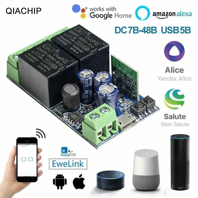 EWeLink Умный Wi-Fi переключатель, интеллектуальный релейный модуль QIACHIP KR0548-2CH USB 5V DC 7V-48V, беспроводной таймер с управлением через мобильное приложение, совместим с, Salute и Alice.