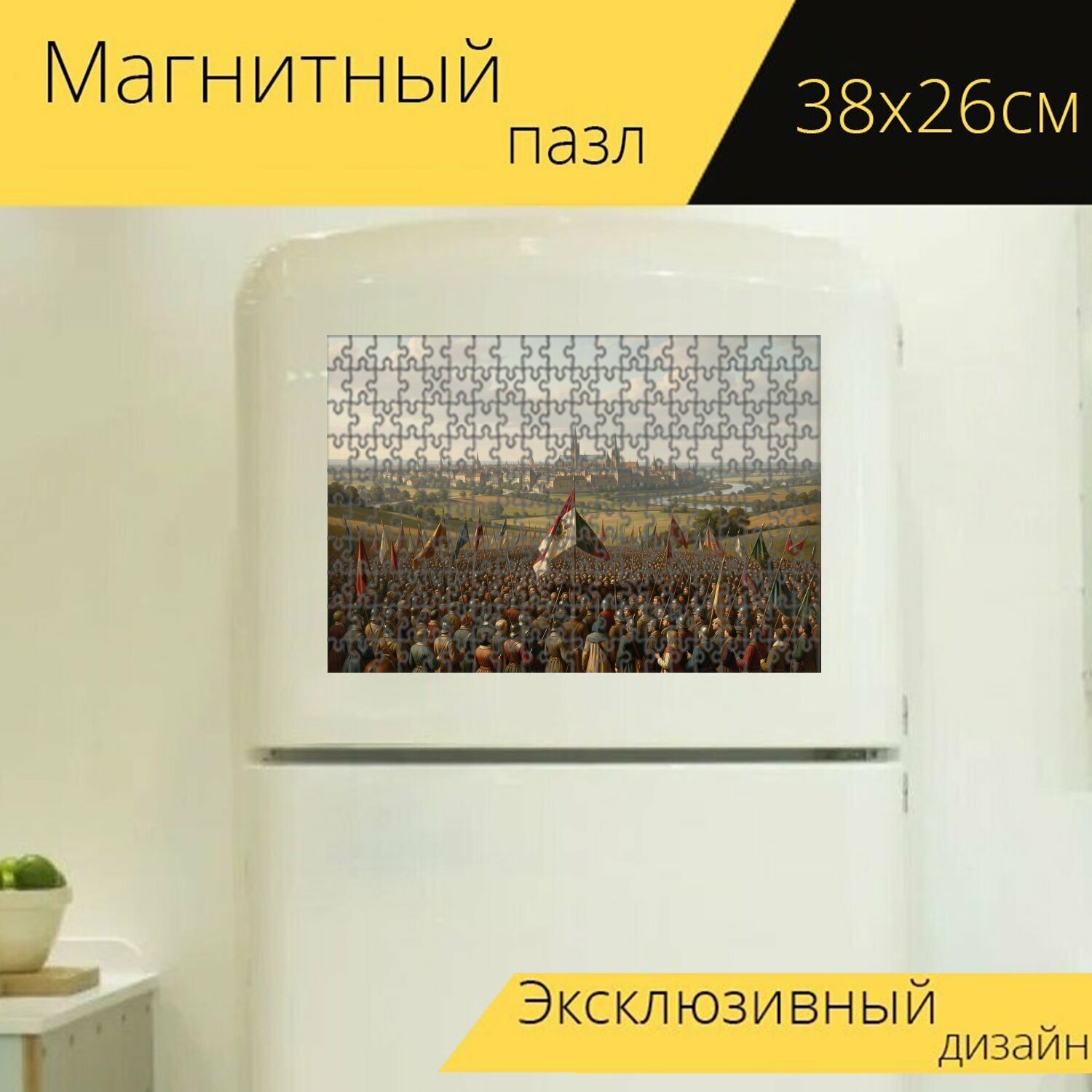 Магнитный пазл "Историческое войско у древнего города. Масштабная батальная сцена в старинной живописной манере: толпа воинов с копьями и знаменами на фоне." для интерьера, 38х26 см.