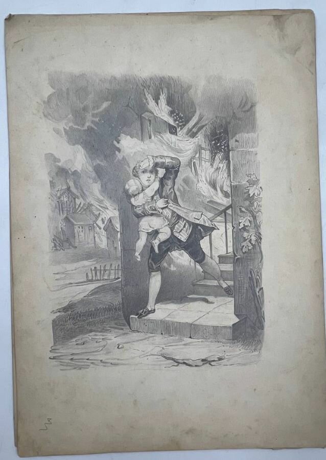 Литография из неустановленой детской книги ("Швейцарский Робинзон"?). Спасение ребенка из пожара. Середина 19го века. Не подписана. 30х21 см