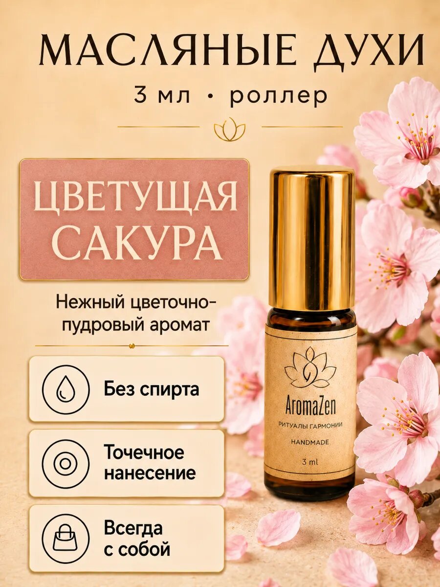 Масляные духи роллер "Цветущая сакура", женские, без спирта, шариковые, 3 мл