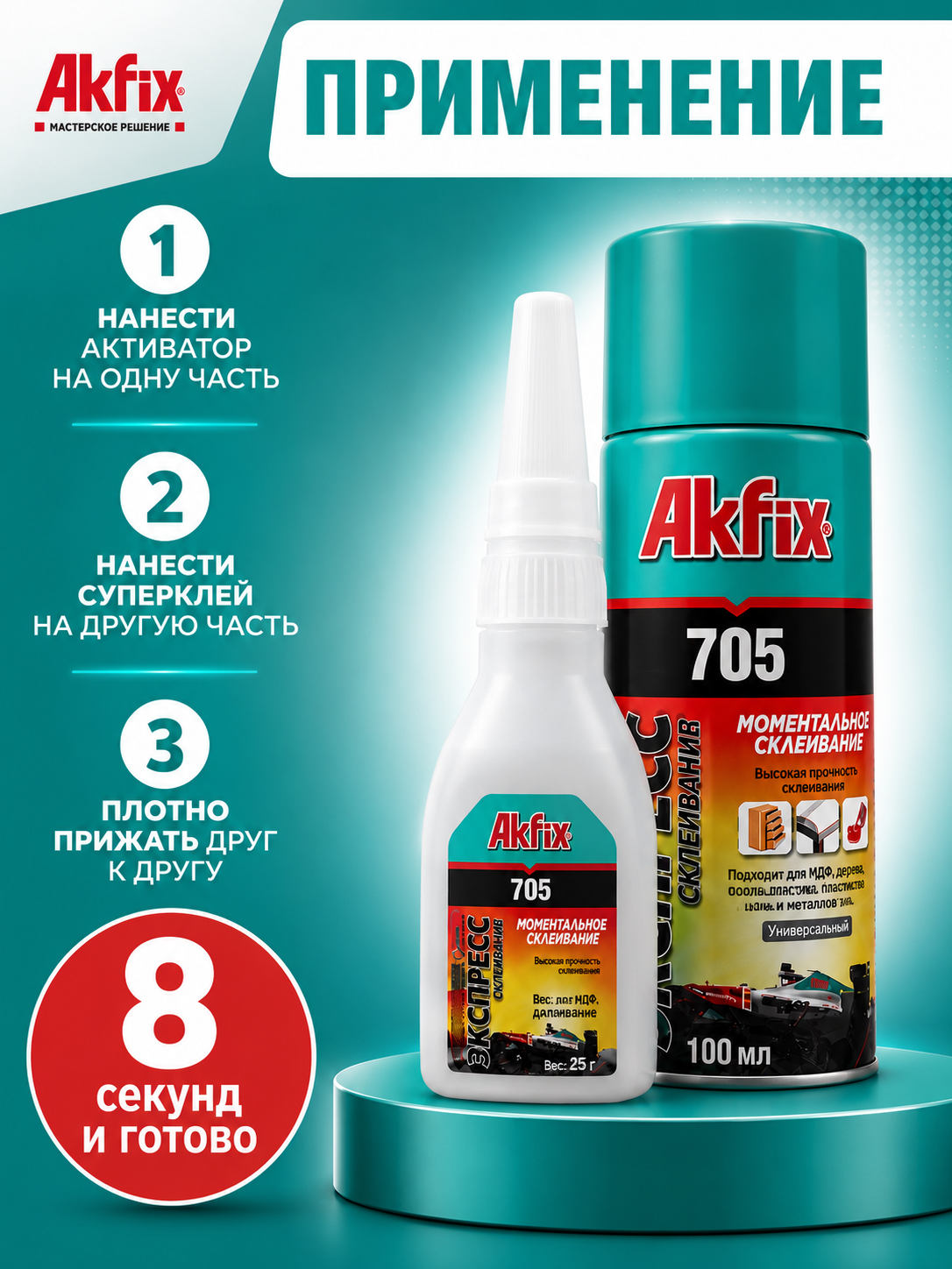 Супер клей Akfix 705, универсальный, для дерева/пластика/металла, 100 г+400 мл — фото 1