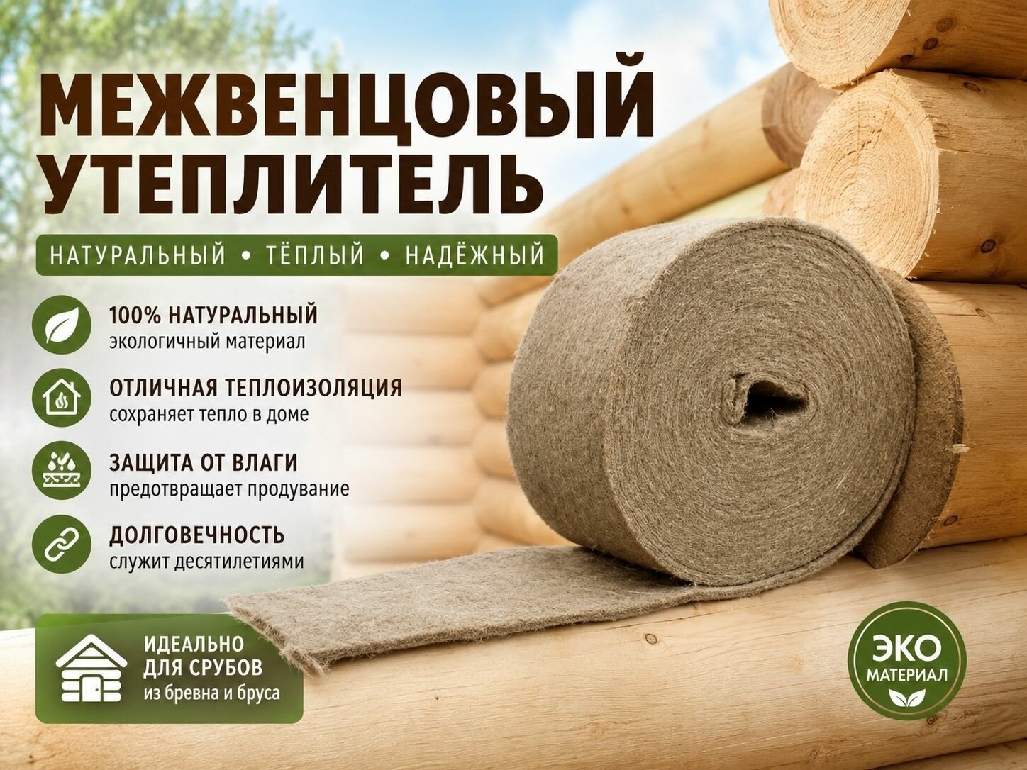 Межвенцовый утеплитель лента 15 см х 20 м, 5 рулонов
