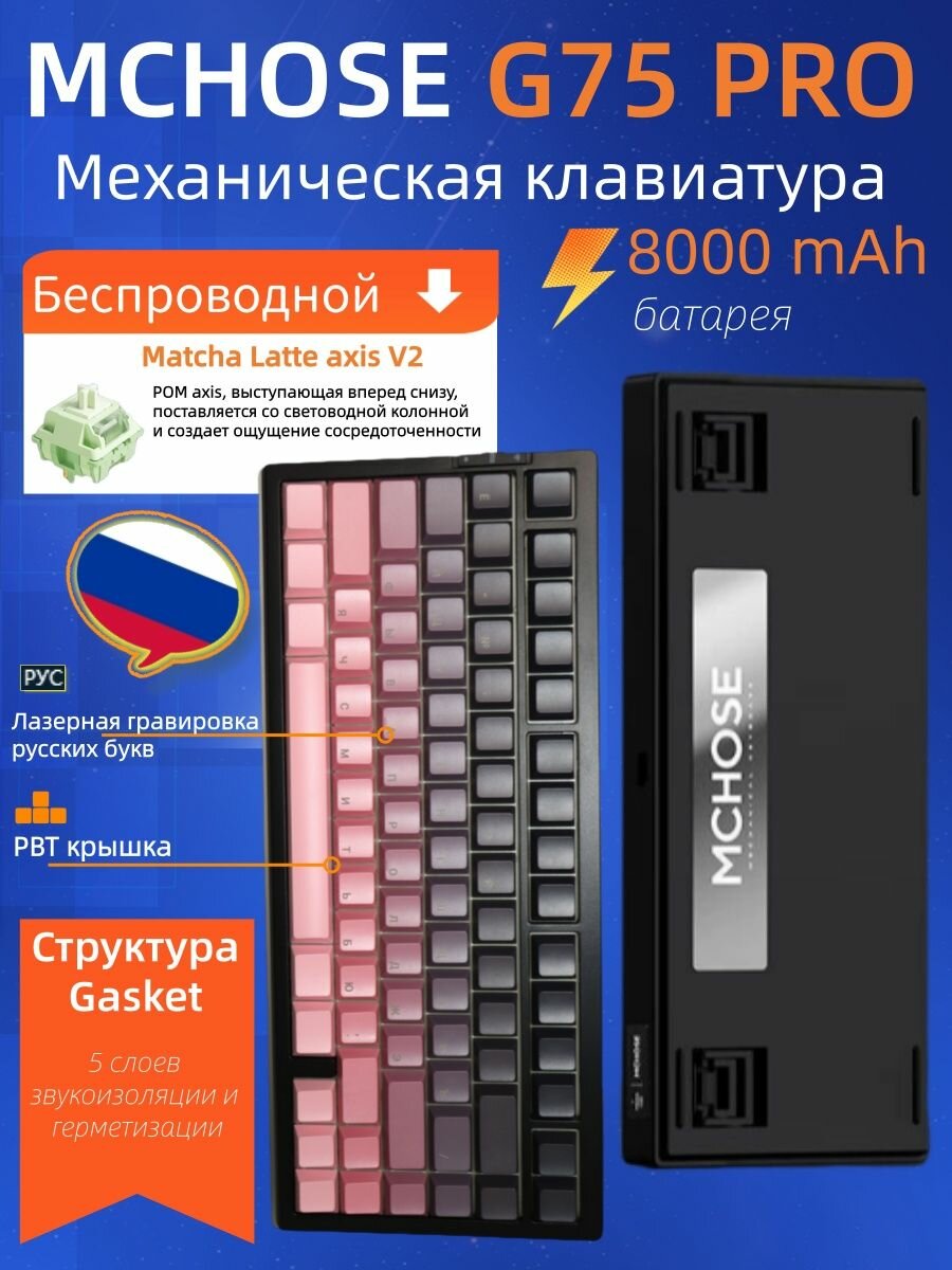 MCHOSE Игровая клавиатура беспроводная , (Matcha Latte v2), Русская раскладка, черный матовый, темно-розовый