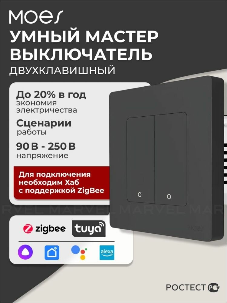 Moes Переключатель ZS-SR-EU2-GY-MS / ZigBee, с подсветкой, кнопочный, 3-стороннее управление, для умного дома, серый