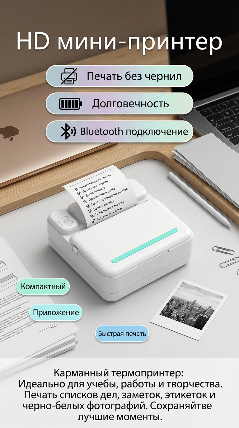 Портативный мини-принтер, для телефона, без чернил, черно-белый, Bluetooth, 160г