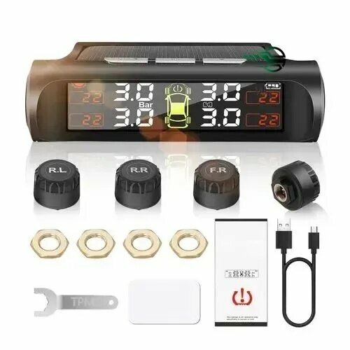 TPMS Система контроля, давления в шинах Солнечная автомобильная сигнализация Пресс-сигнал, ЖК-дисплей Предупреждение о температуре, с 4 внешними датчиками