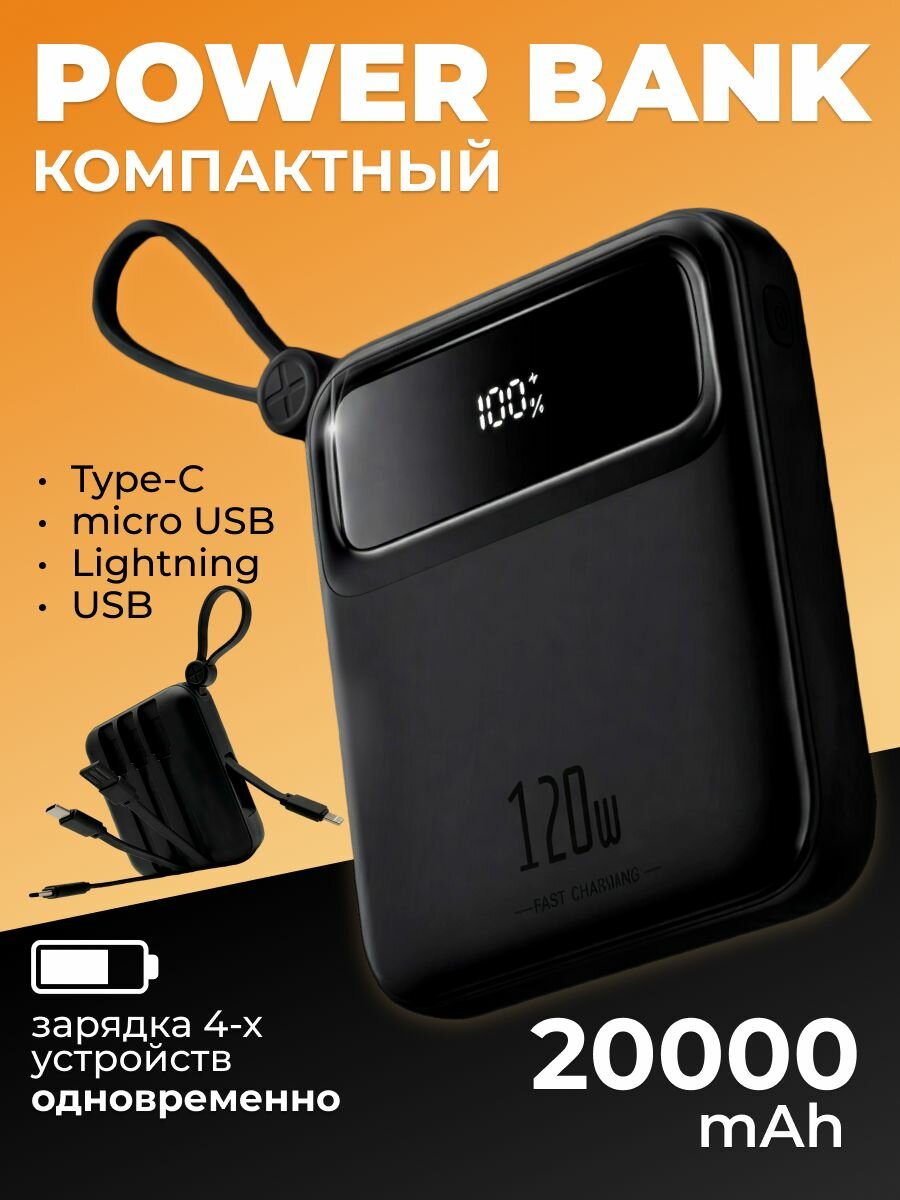 Повербанк Power bank 20000 mah внешний аккумулятор с проводами
