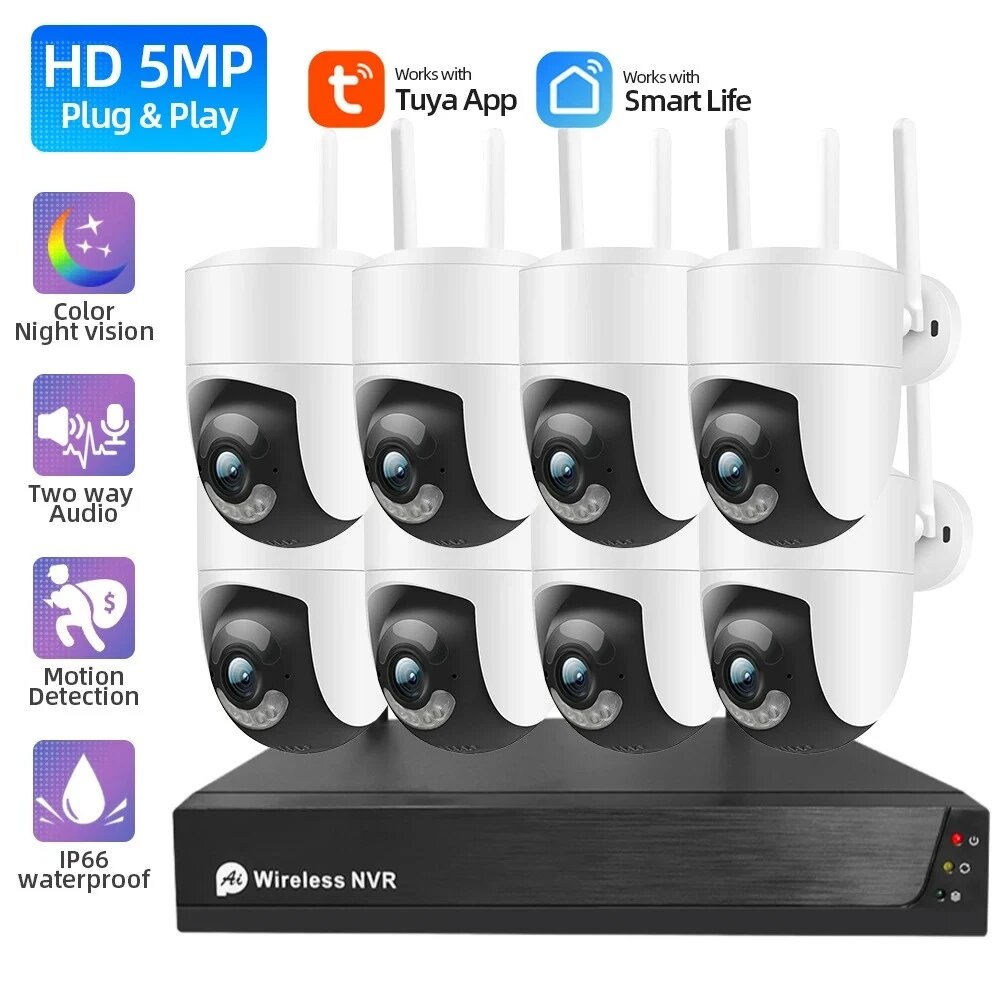 Комплект систем безопасности камеры CCTV Tuya 5MP PTZ 8-канальный беспроводной NVR-комплект с двусторонним аудио, Wi-Fi IP-камера, система видеонаблюдения P2P