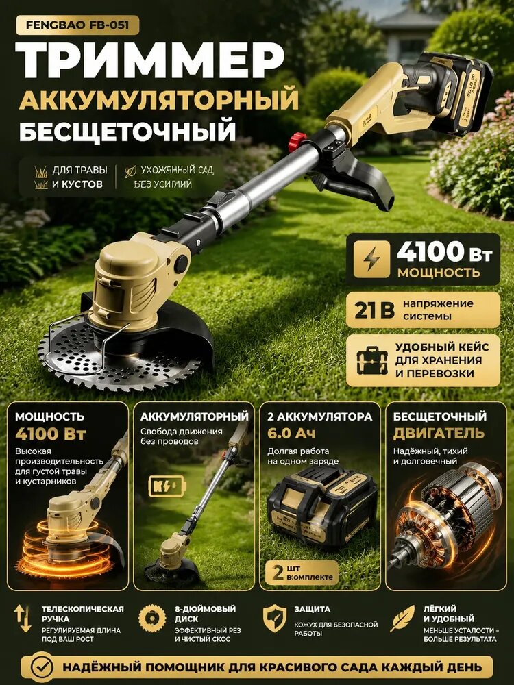 Аккумуляторный электрический триммер Fengbao FB-051, 21В, лёгкий садовый газонокосильщик