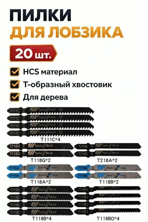 Набор пилок для лобзика 20 шт мелкий и средний зуб, по металлу и алюминию