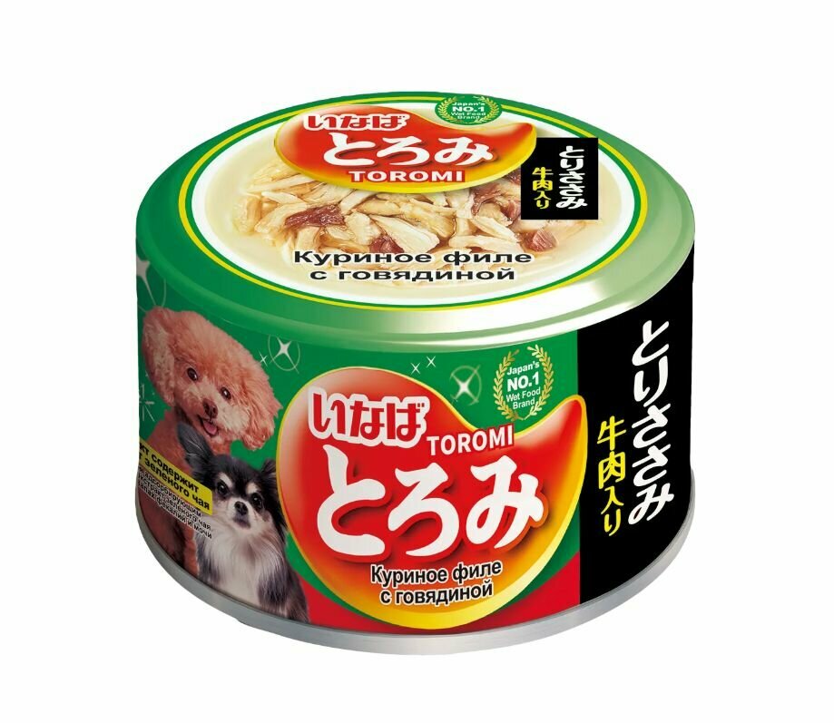 Inaba Toromi влажный дополнительный корм для взрослых собак всех пород с куриным филе и говядиной в бульоне, в консервах - 80 г х 24 шт