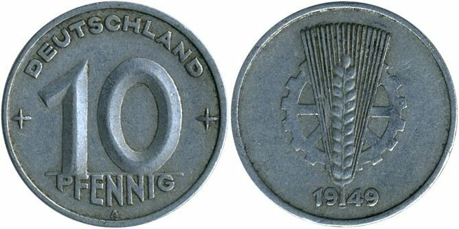 Германия - ГДР 10 пфеннигов, 1948 - 1950 Герб XF