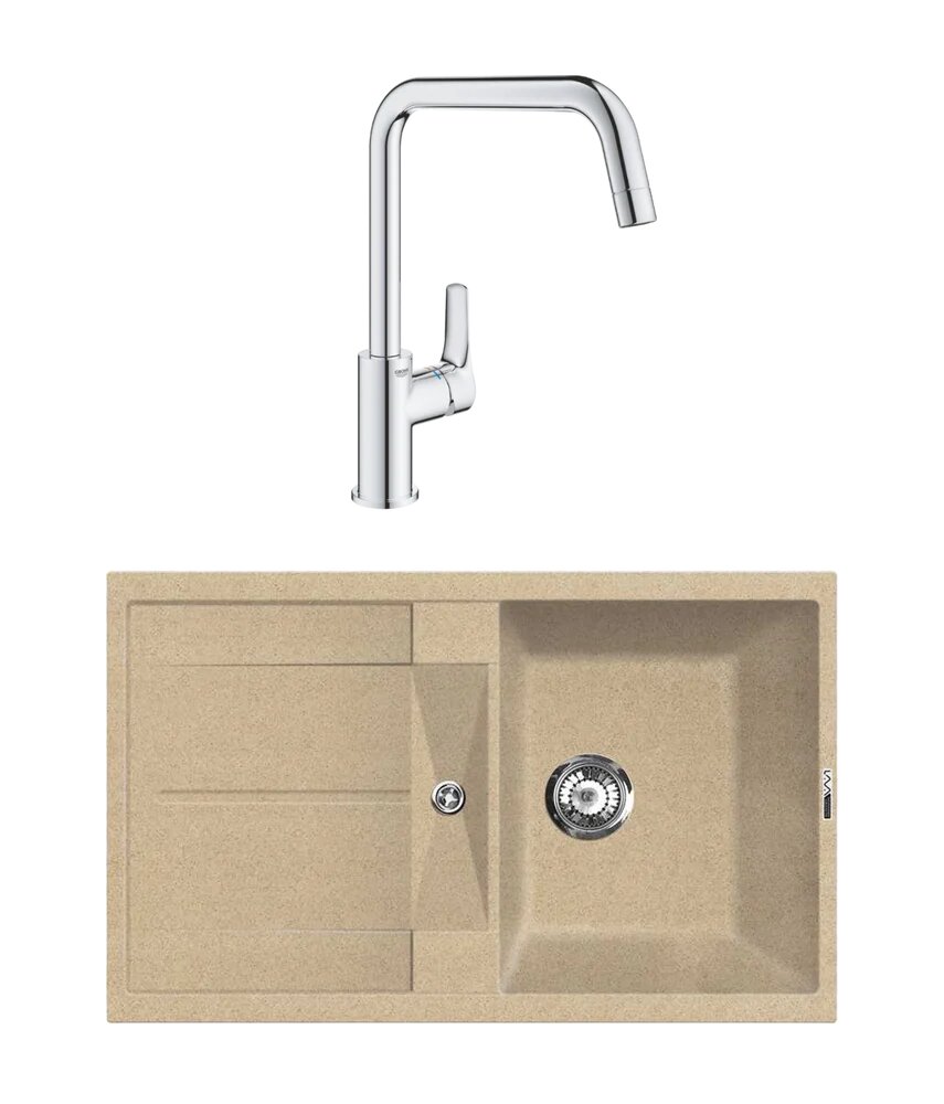 Комплект Мойка Lava L6. DUN 78x50, dune, кварц / Смеситель Grohe Eurosmart 30567000 глянцевый хром