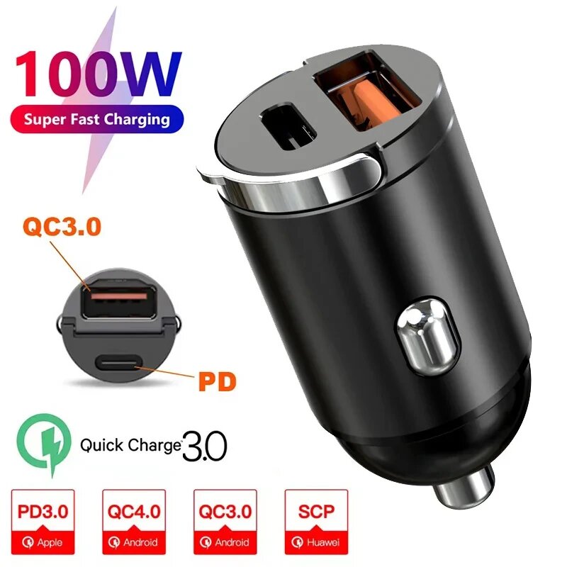 100 Вт/200 Вт Мини Автомобильное зарядное устройство USB/QC3.0 PD 12-24 В, быстрая 100W USB Type-c
