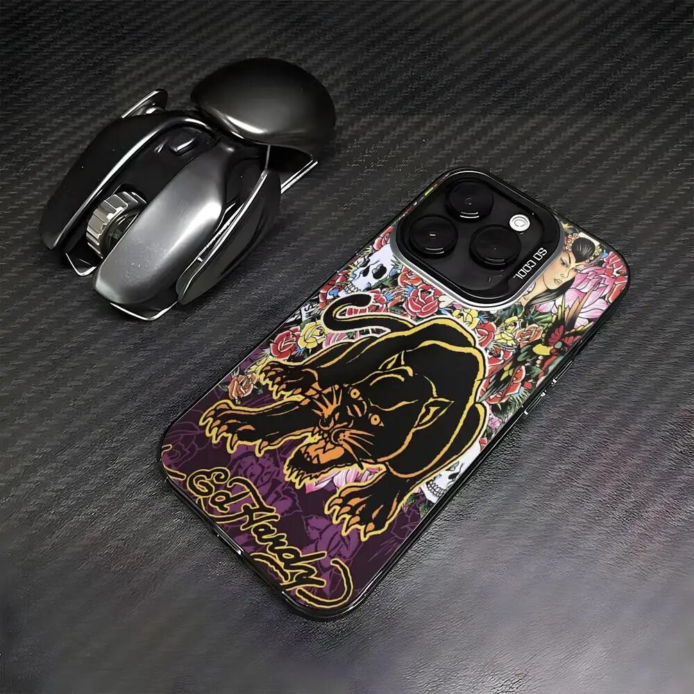 Чехол ED-Hardy TrendBrand LOOG для iPhone 17, 16, 15, 14, 13, 12, 11 Pro Max Plus, серебристый корпус