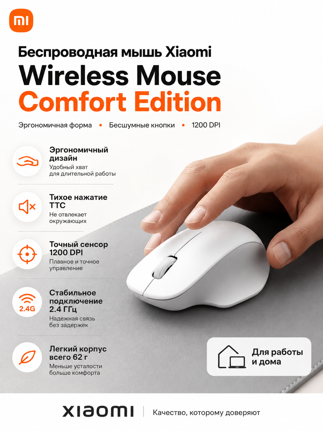 Мышь Xiaomi Mi Wireless Comfort Edition, беспроводная, оптическая, для правой руки, белая