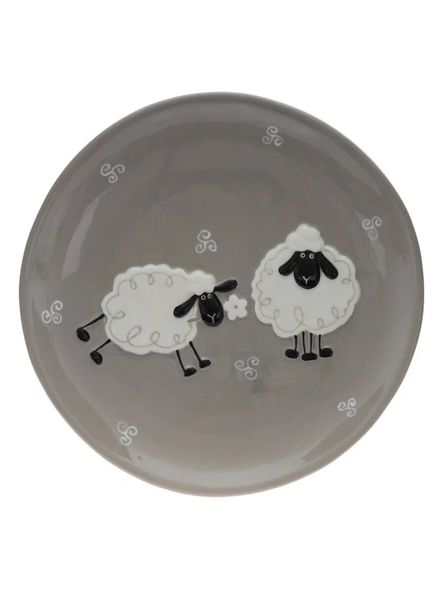 Керамическая тарелка декоративная овечки серая 25см