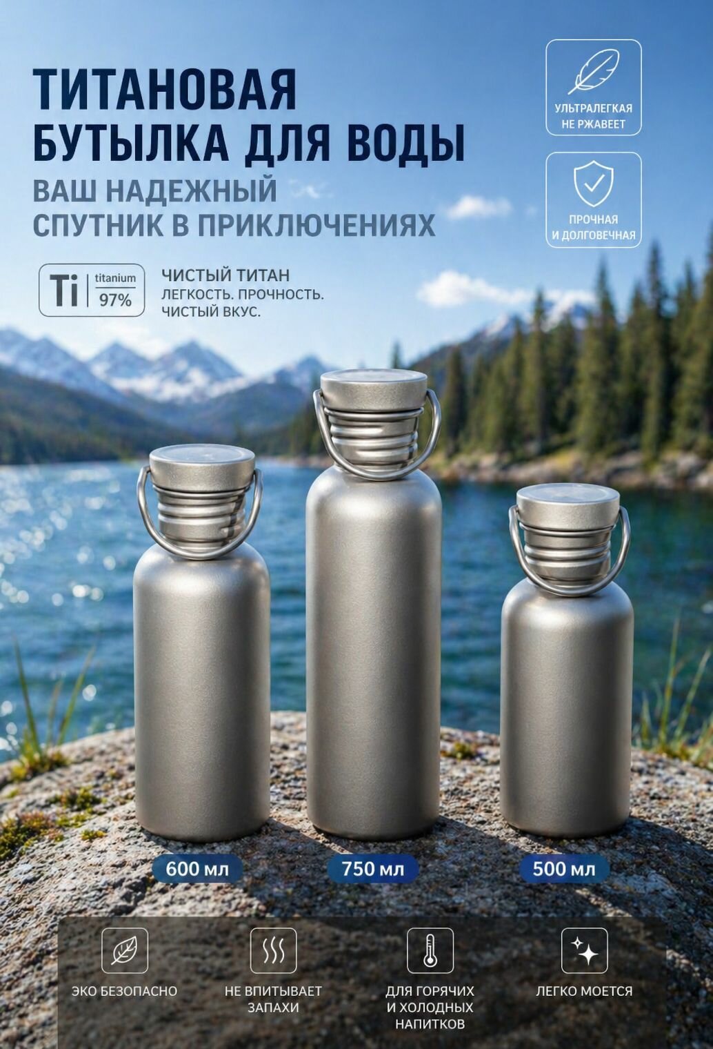 Спортивная бутылка для воды из чистого титана, легкая с ручкой, для походов и кемпинга