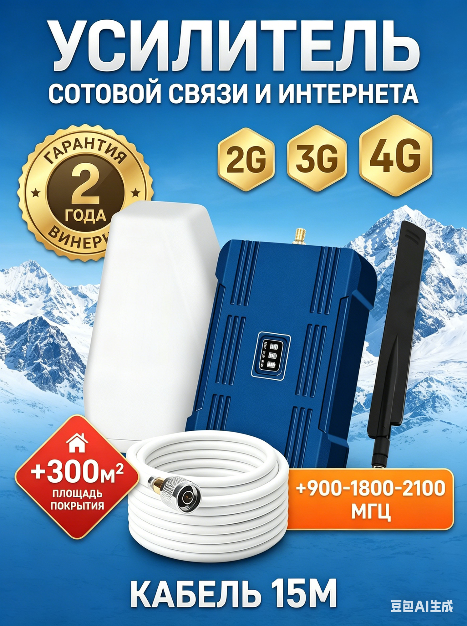Усилитель сотовой связи 900/1800/2100 МГц (2G/3G/4G): до 70 км, направленный, синий, 1.3 кг