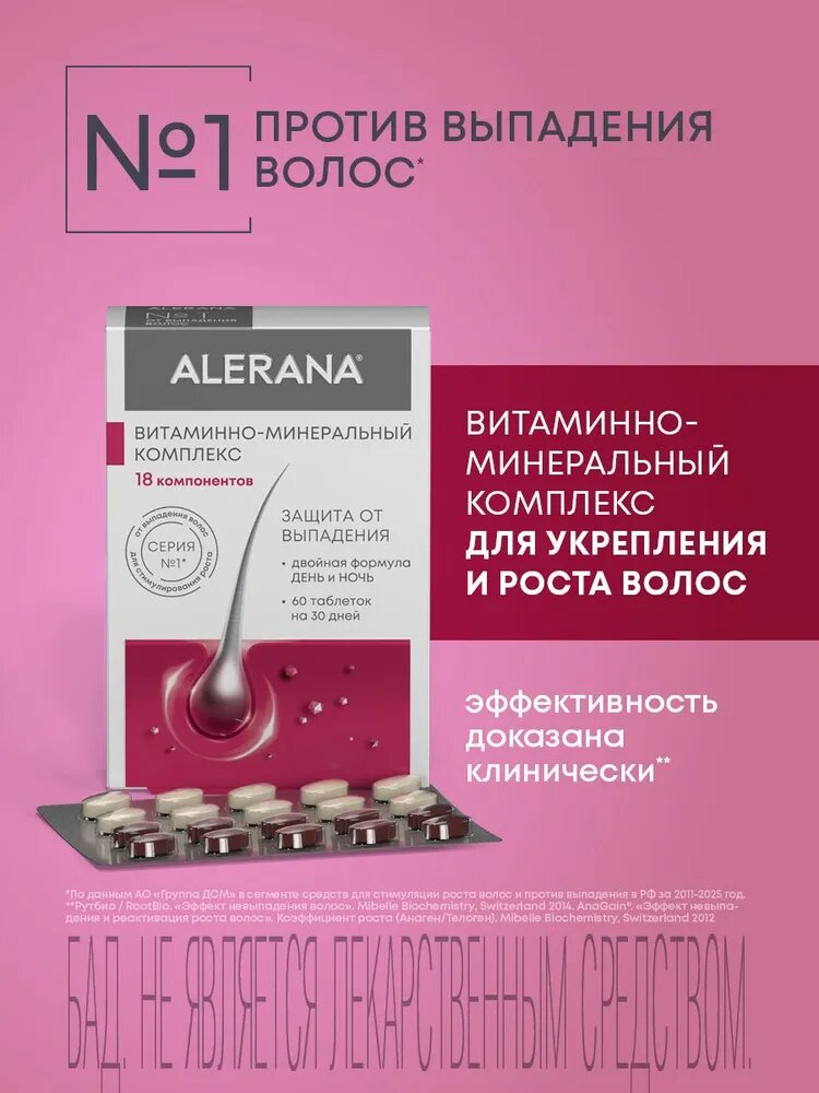 Витаминно-минеральный комплекс ALERANA, бады и витамины, для роста, питания и укрепления волос, против выпадения и ломкости, бад для женщин, 60 таблеток