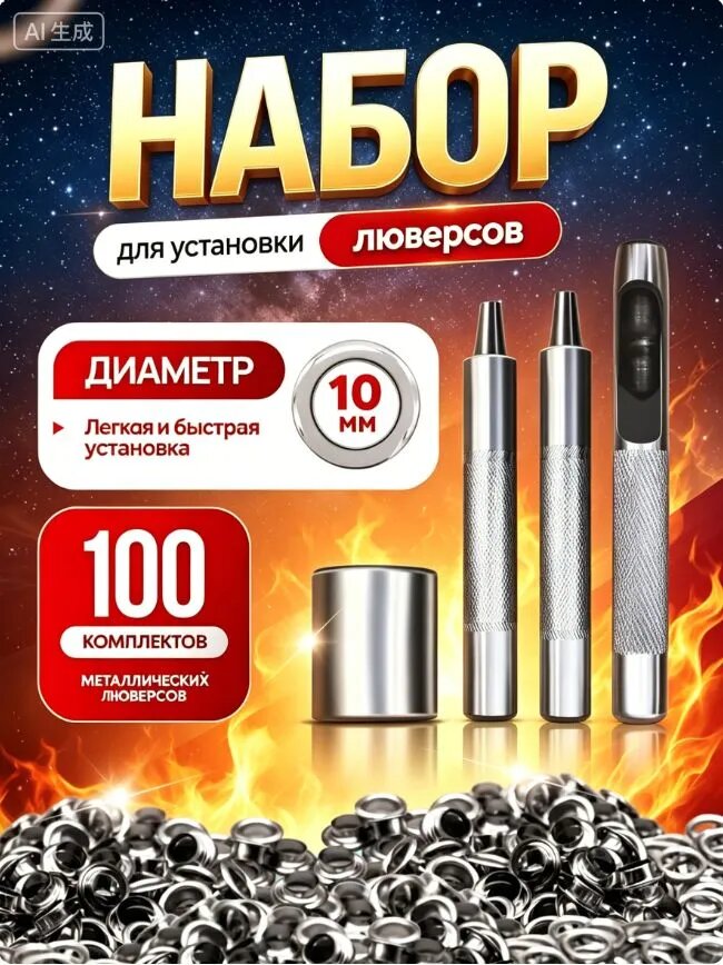 Набор люверсов 10 мм с пробойником и инструментом для установки/люверсы для тента