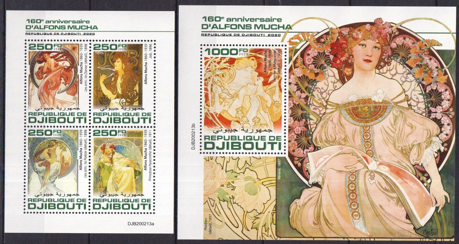 Марки 2020 год Джибути Альфонс Муха Живопись Искусство #3501-3504+Bl1419 Mnh