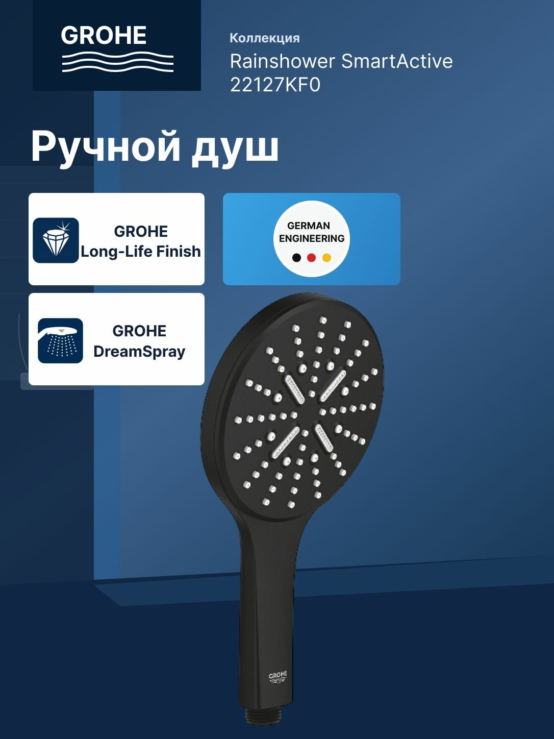 Душевая лейка Grohe Rainshower SmartActive 130 22127KF0 фантомный черный