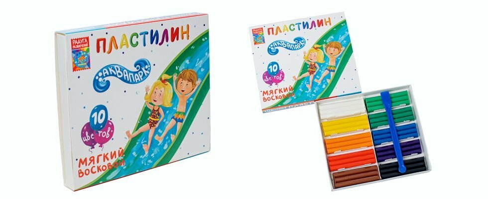 Пластилин восковый (мягкий) "Аквапарк" 10 цветов, 150 грамм, со стеком (ПЛ-Р10-150)