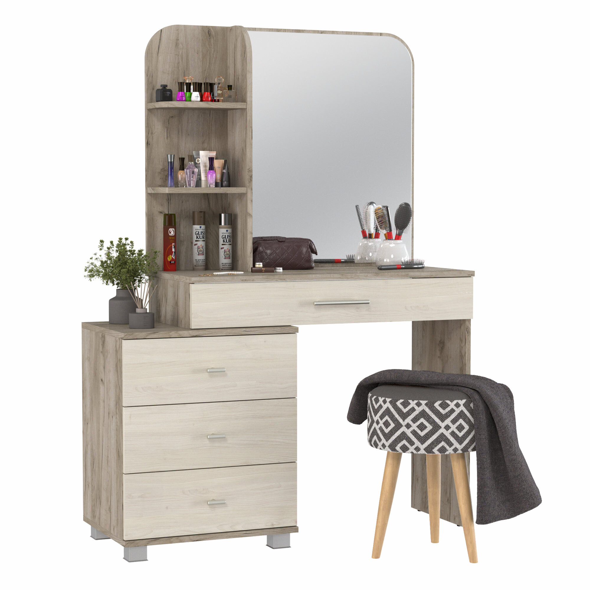 Столик туалетный с зеркалом и полочками Оливия с банкеткой Юна, дуб крафт серый/дерево белое/Тк чёрная с рисунком