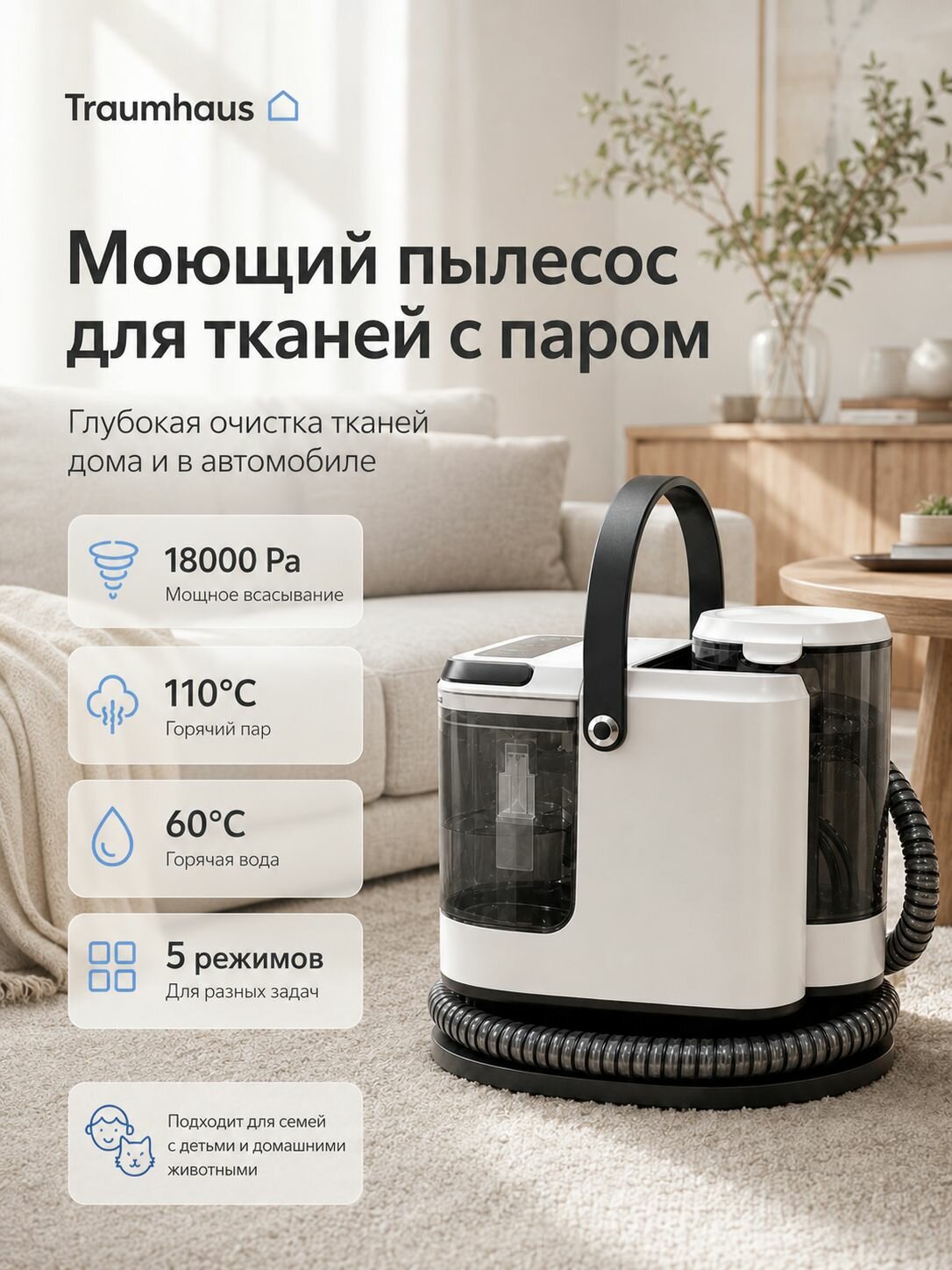 Моющий пылесос для ткани с паром, 18000 Па, 1700 Вт, для дивана, автомобиля, сухая и влажная уборка