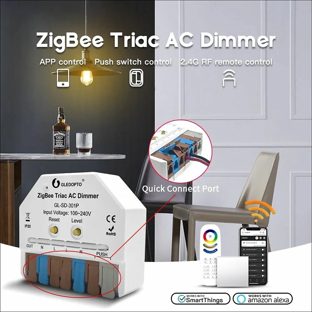 ZigBee3.0 Симисторный диммер переменного тока Ultra Mini LED Dimmable Push Switch Приложение голосового управления Hu / e Tuya Alexa SmartThings