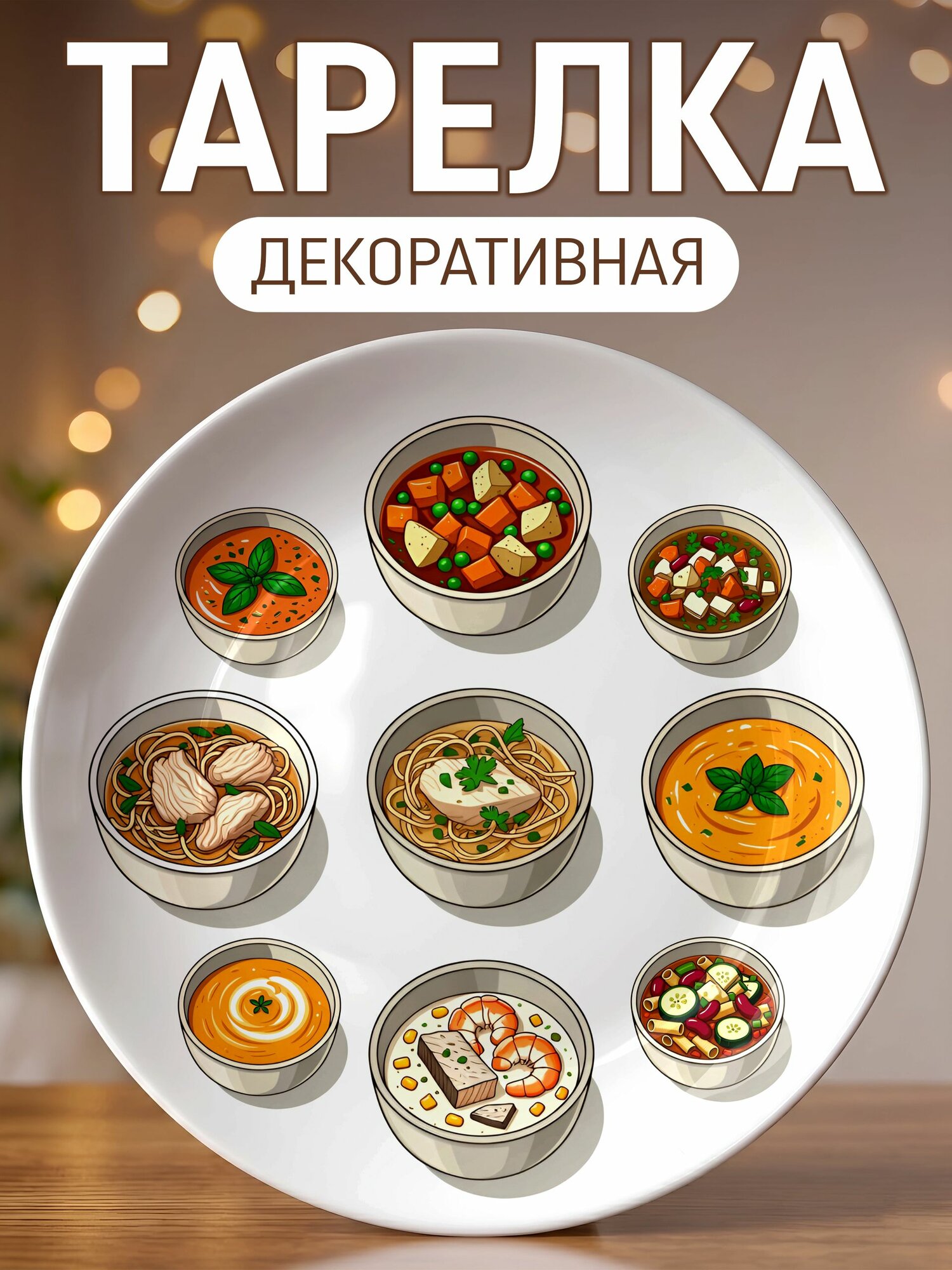 Тарелка декоративная Супчики, керамика, с подставкой, диаметр 20 см