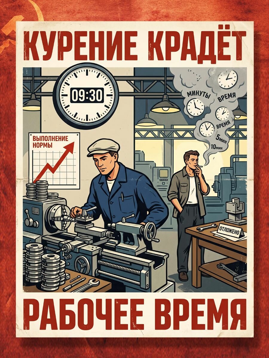 Постер СССР "Курение крадёт рабочее время!" - 30х40см (без рамки)