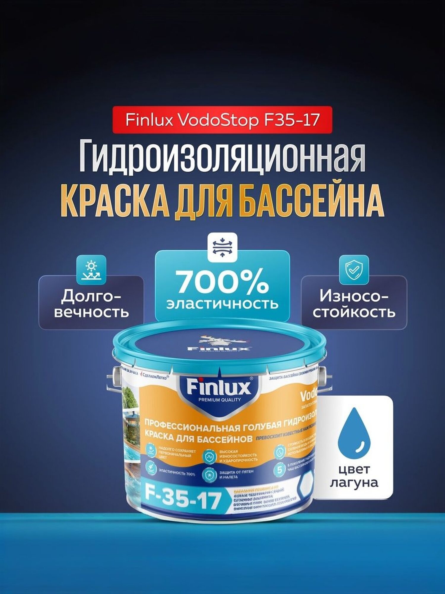 Резиновая Краска для бассейна Finlux F35-17 -цвета лагуна, 5 кг / Износостойкая гидроизоляционная