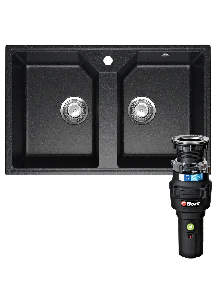 Комплект Мойка Domaci Палермо PR-770-004 77x49, черная, искусственный мрамор / Измельчитель Bort Caiman 93418064 электрический, нержавеющая сталь
