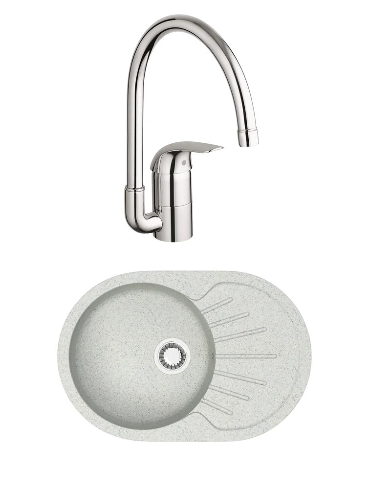 Комплект Мойка AZARIO Flora 00079916 75x50, светло-серая, искусственный мрамор / Смеситель Grohe Euroeco 32752000 глянцевый хром