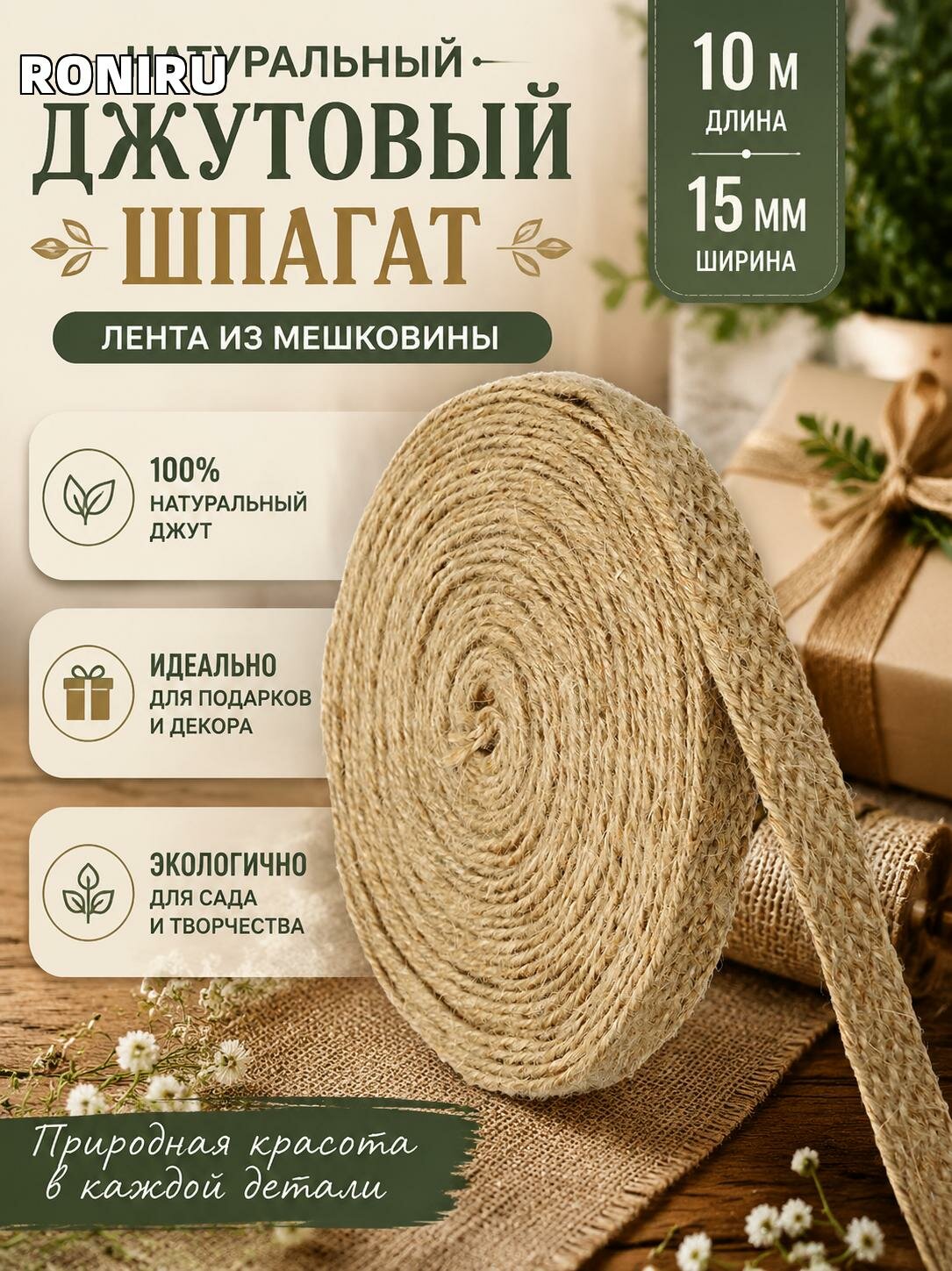 Натуральный джутовый шпагат 10 м лента из мешковины 15 мм для подарков, свадебного декора и садового оформления