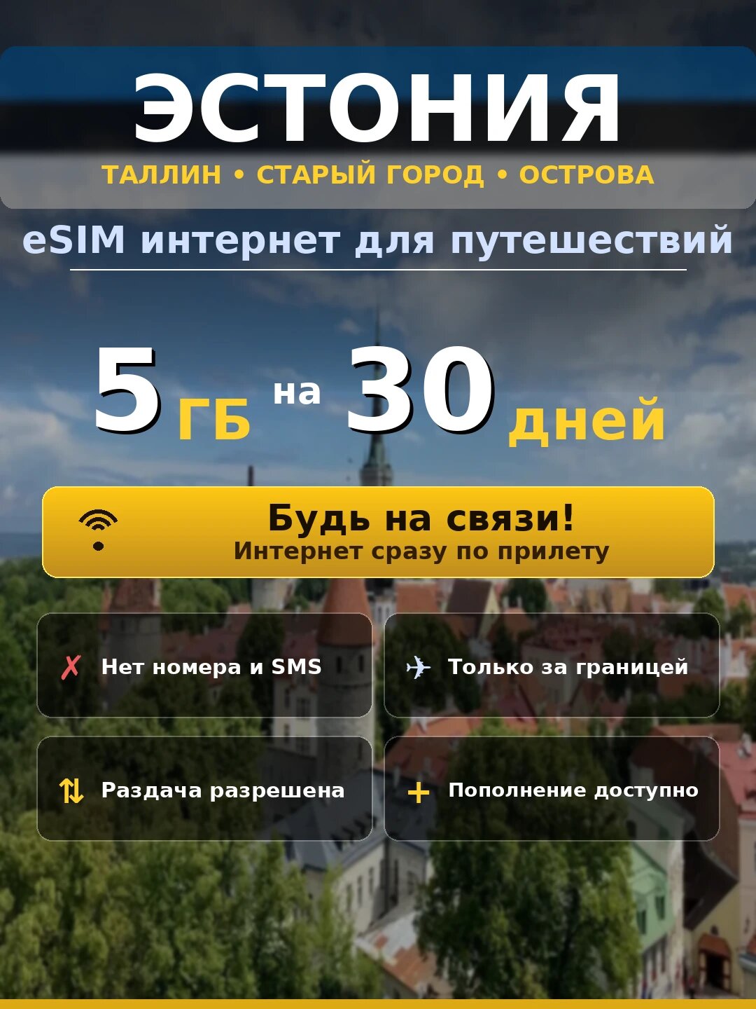ESIM Эстония — мобильный интернет 5 ГБ на 30 дней | виртуальная SIM-карта для путешествий