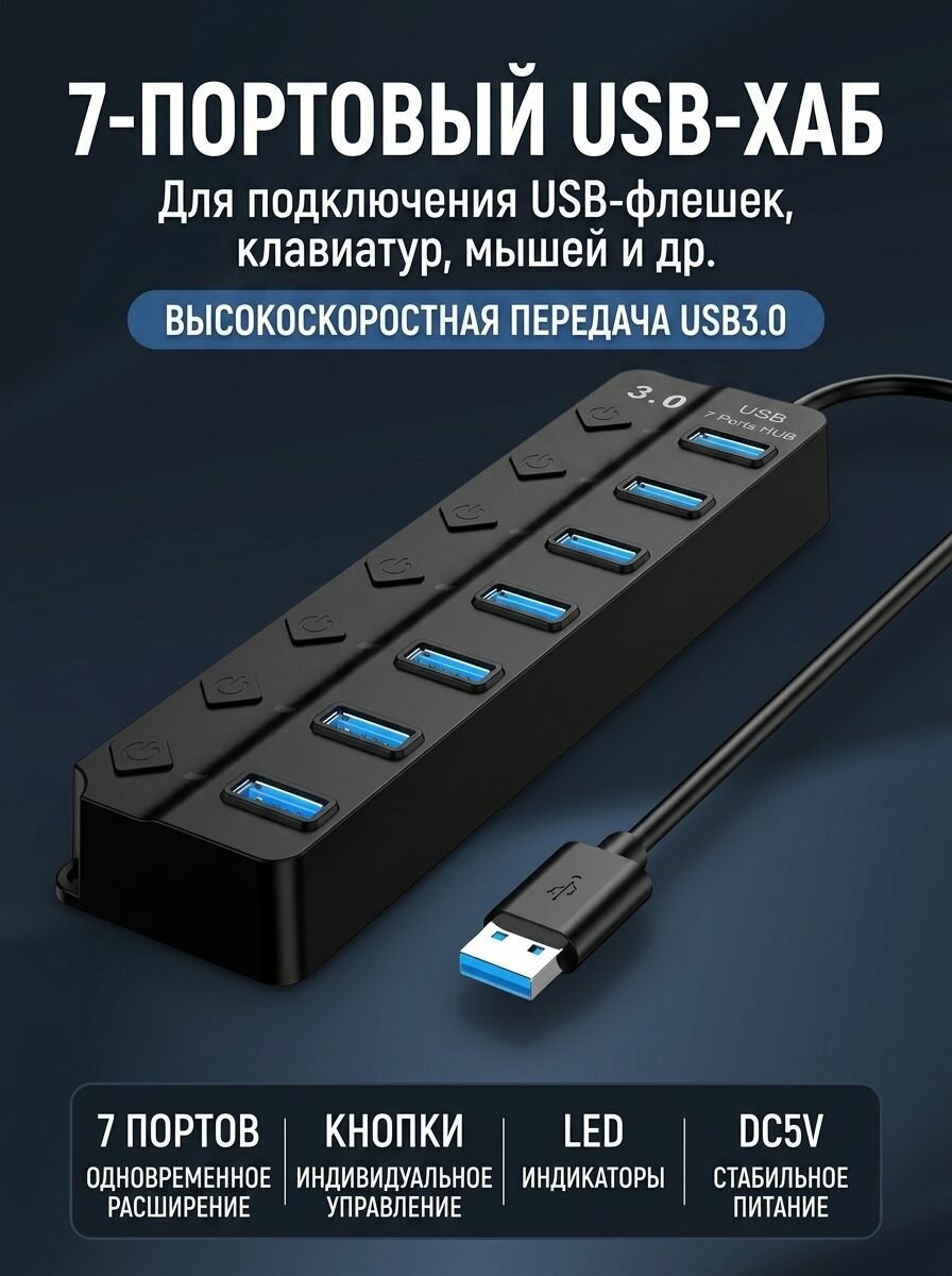 Usb Hub 3.0 / разветвитель на 7 портов/ разъем для блока питания. Длина провода 120cм. Цвет черный.