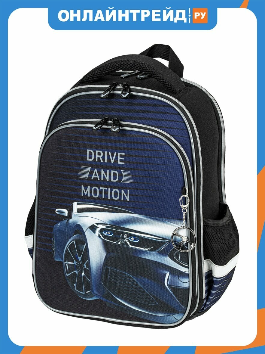 Ранец Brauberg QUADRO, 3 отделения, с брелоком, "Sport car", led-лампочки, 37х28х18 см, 271359